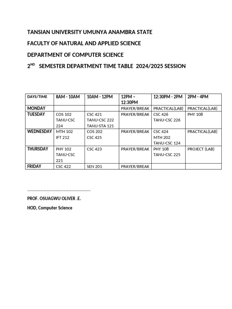20242025 CSC 2ND SEMESTER LECTURE TIMETABLE | PDF
