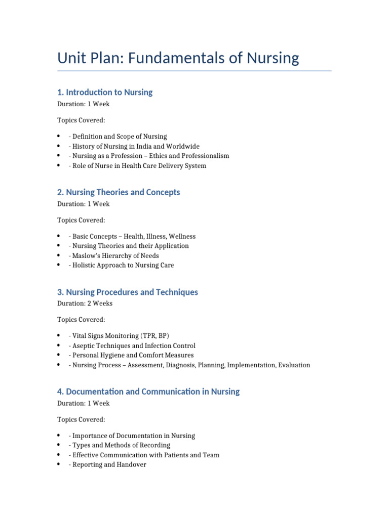 Fundamentals of Nursing Unit Plan | PDF