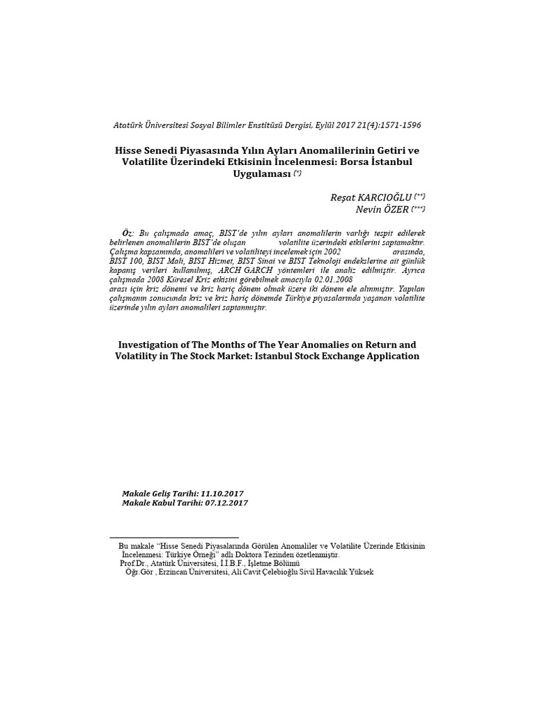 Hisse Senedi Piyasas Nda Y L N Aylar Anomalilerinin Getiri Ve Volatilite Zerindeki Etkisinin ...