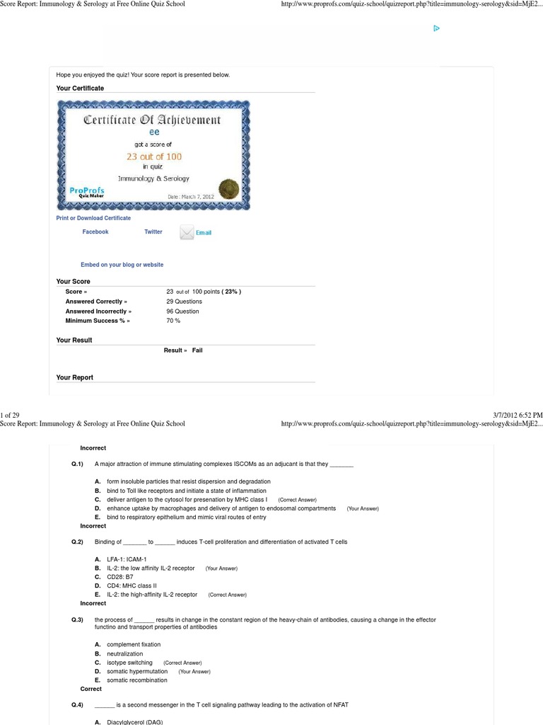 Score Report - Immunology & Serology at Free Online Quiz School | PDF ...