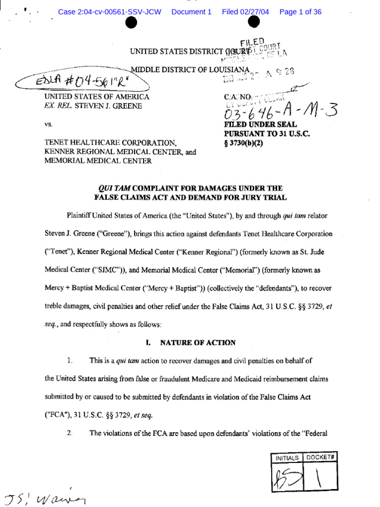 USA Ex. Rel. Steven J. Greene V Tenet Case 2:04-cv-00561 | PDF