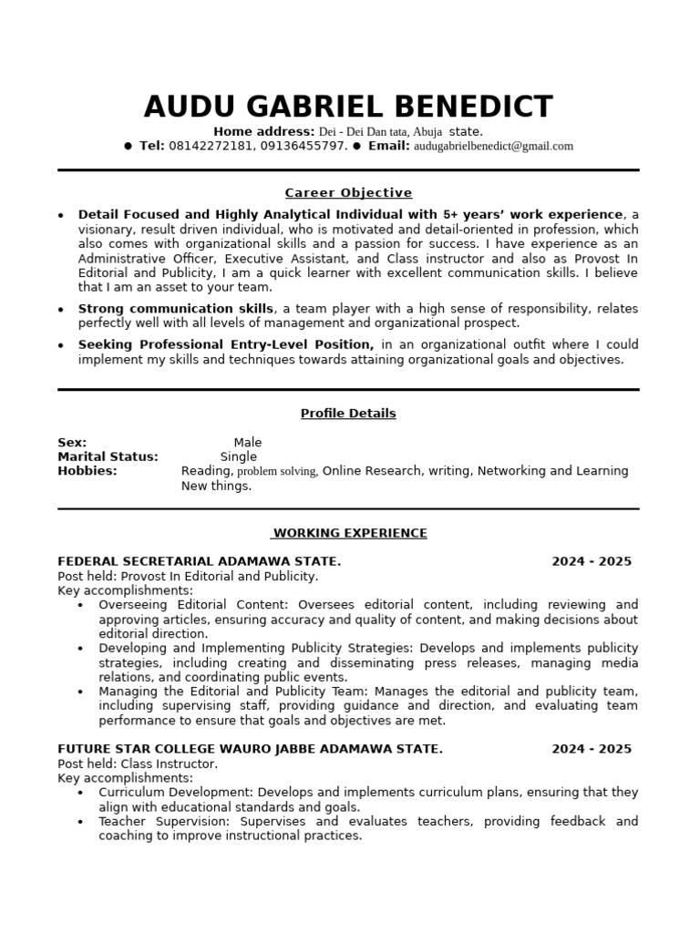 Audu Gabriel Benedict CV | PDF | Teachers | Curriculum