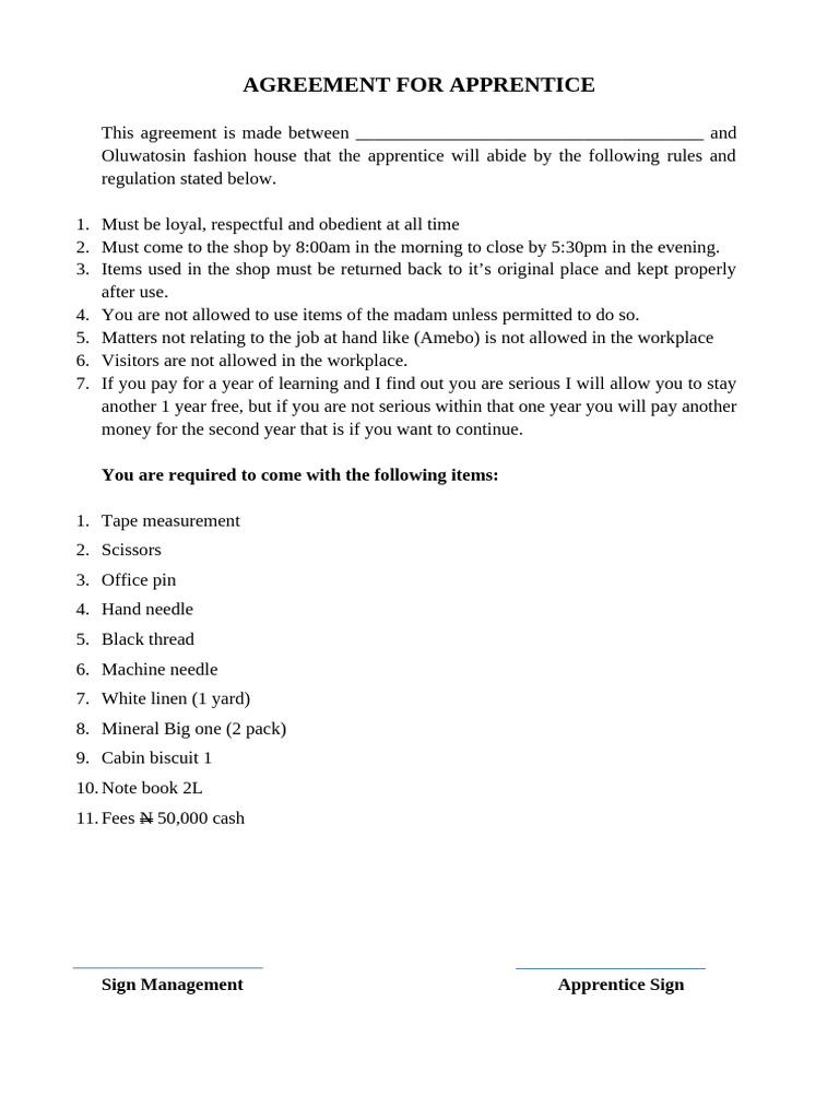 Fashion Designer Apprentice Agreement | PDF