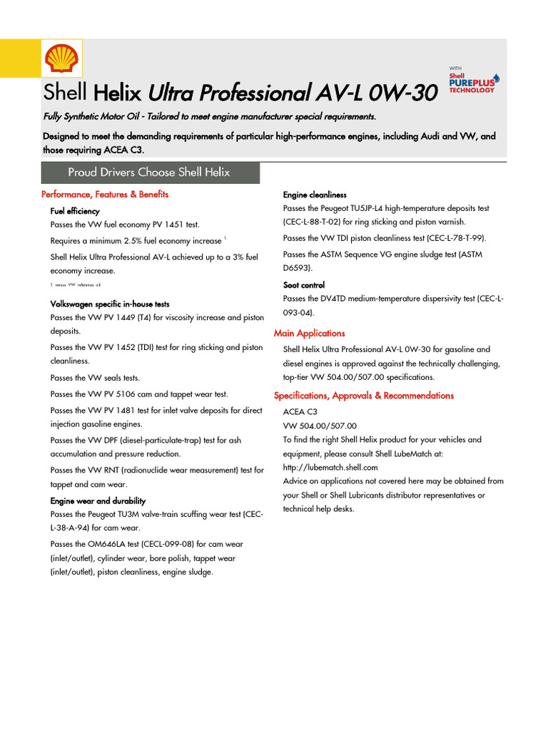 Shell Helix Ultra AV-L 0W-30 Overview | PDF | Volkswagen | Motor Oil
