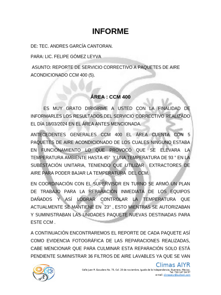 Informe CCM 400 Correctivo 4 | PDF | Temperatura | Automatización de ...