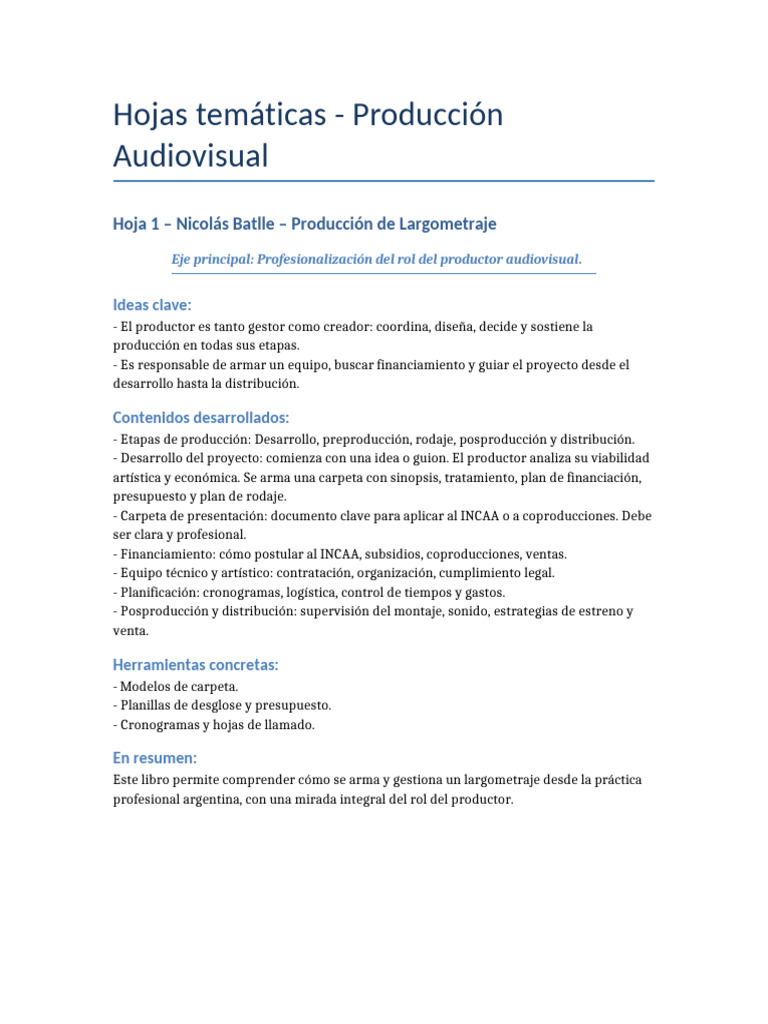 Hojas Tematicas Produccion Audiovisual | PDF