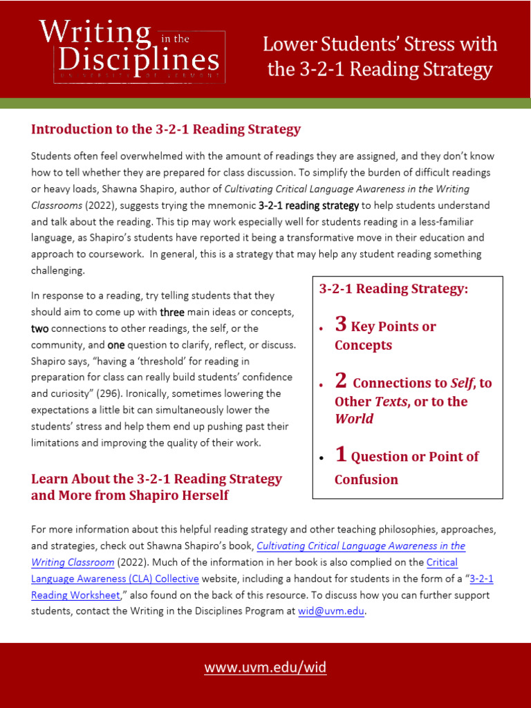 3-2-1 Reading Strategy Handout | PDF | Human Communication | Behavior Modification