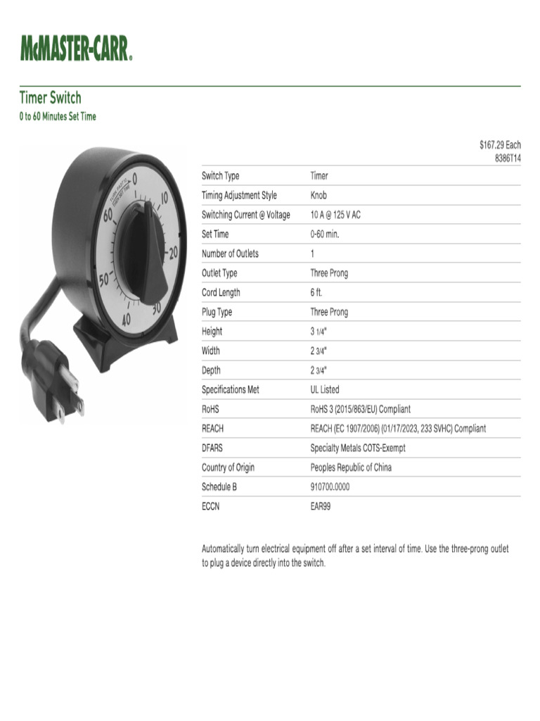 Timer Switch, 0 To 60 Minutes Set Time - McMaster-Carr | PDF