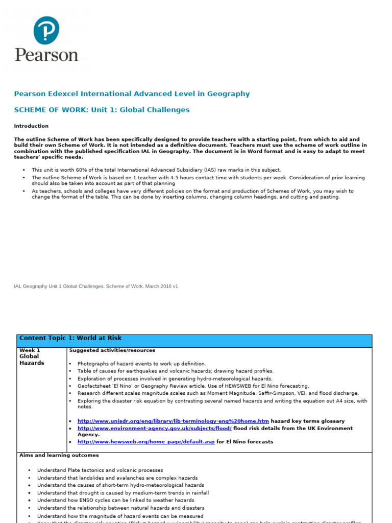 IAL Geography Editable Scheme of Work Unit 1 Global Challenges | PDF | Hazards | Climate Change