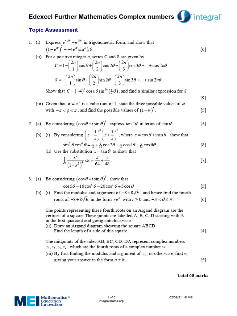 Edexcel A Level Further Maths - Complex Numbers - de Moivre | PDF | Mathematical Objects ...