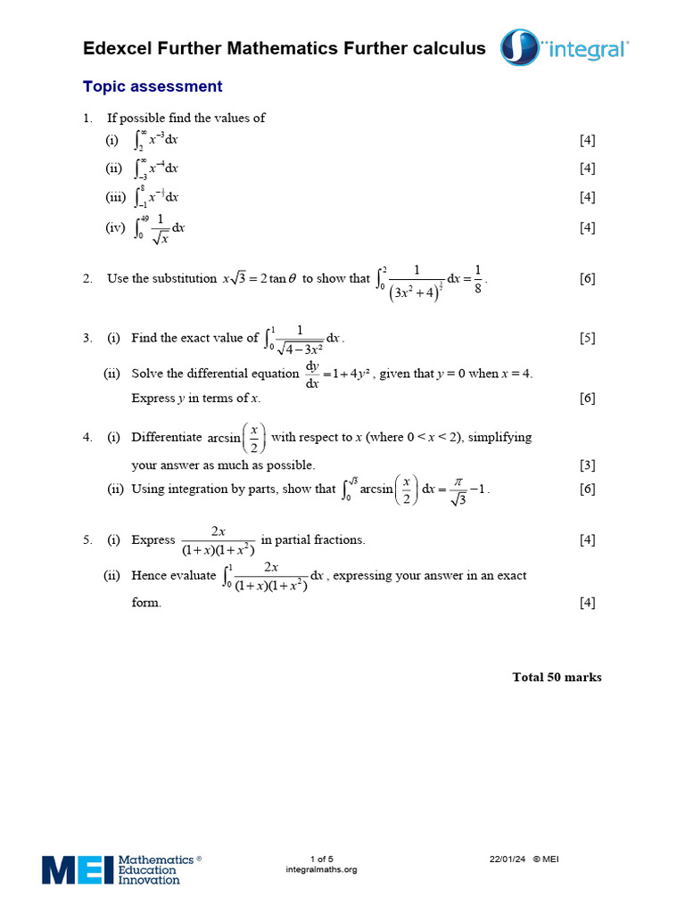 Edexcel A Level Further Maths - Further Calculus | PDF | Mathematical Physics | Mathematical ...