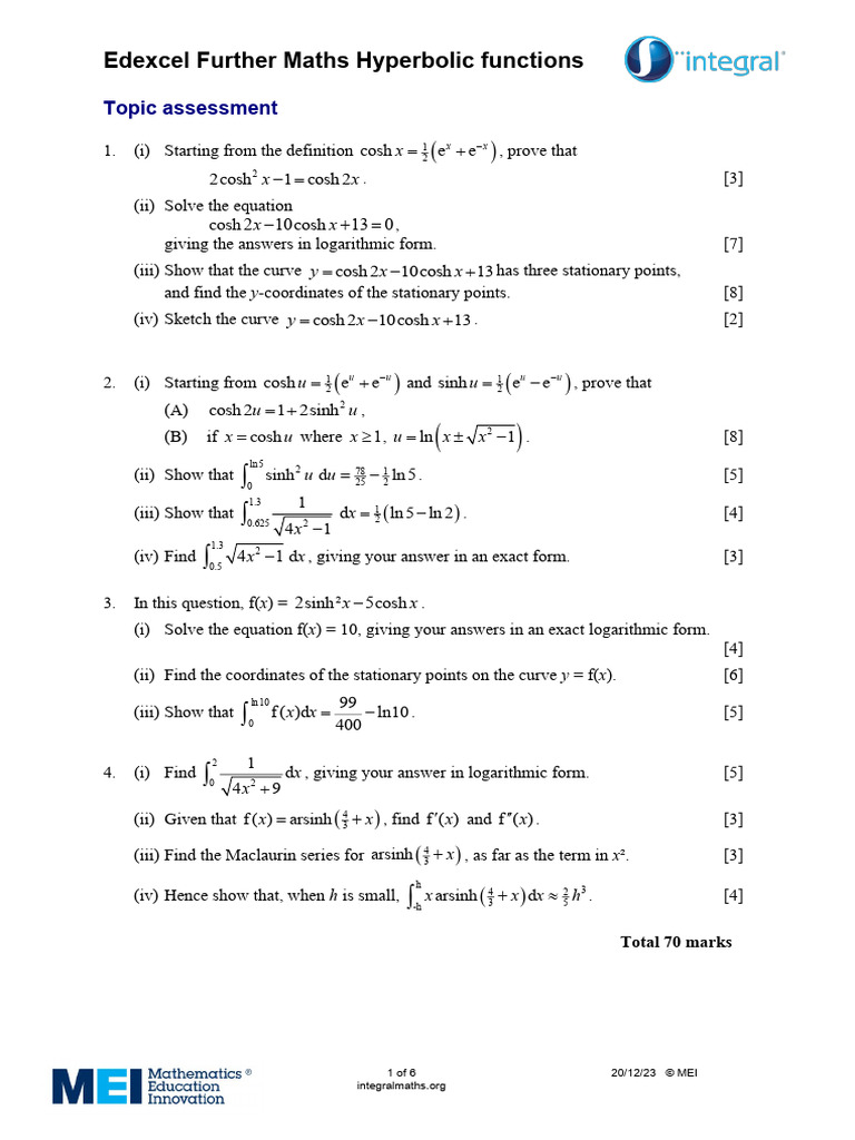 Edexcel A-Level Hyperbolic Functions Exam | PDF | Functions And ...