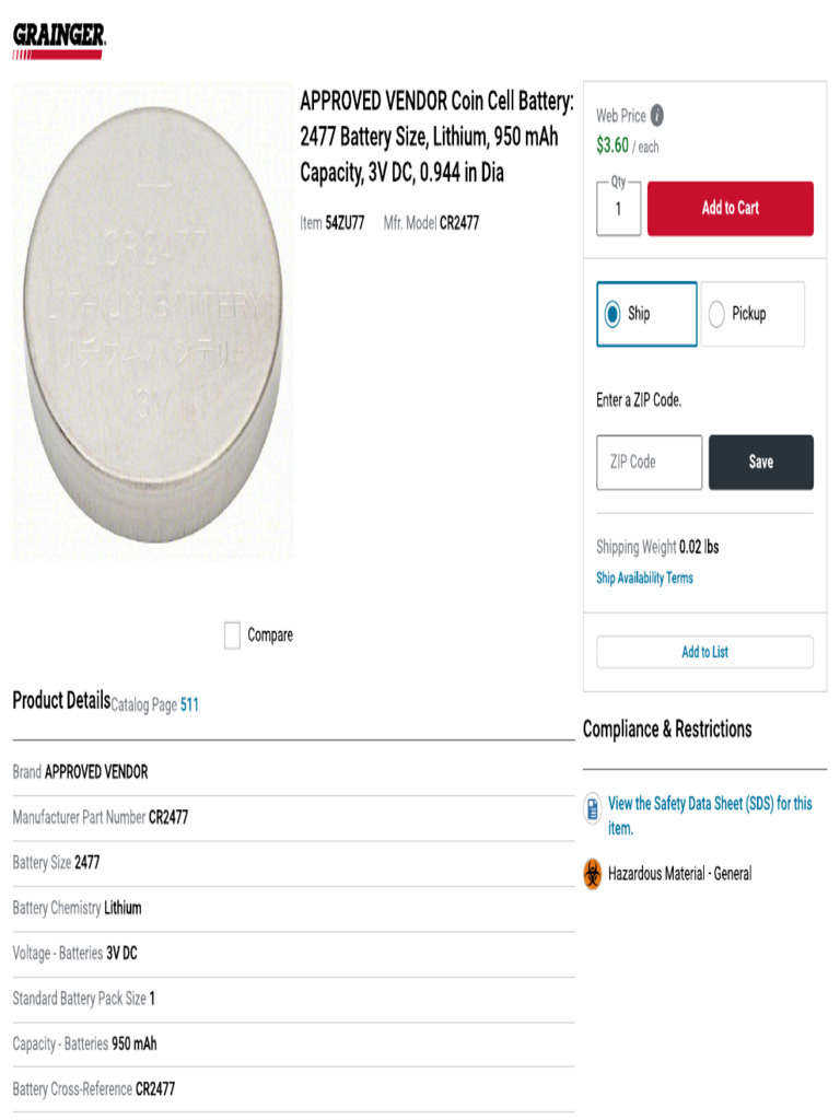 CR-2477 Battery Size, Lithium, Coin Cell Battery - 54ZU77 - CR2477 ...