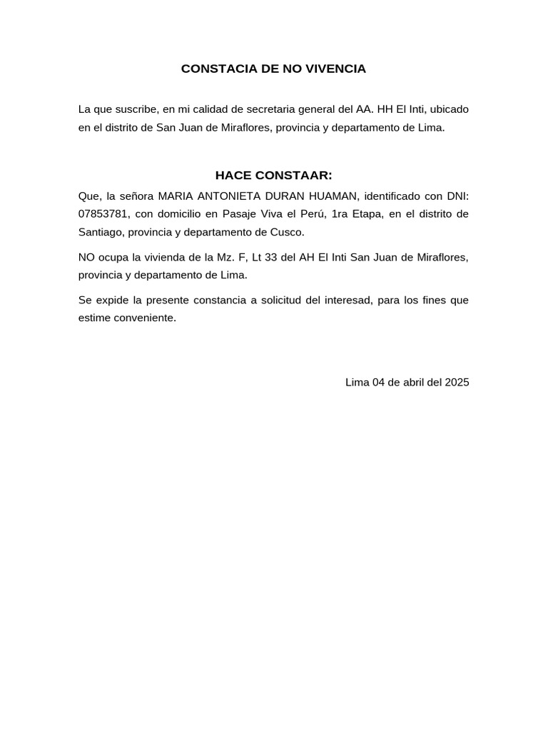 Constacia de No Vivencia | PDF