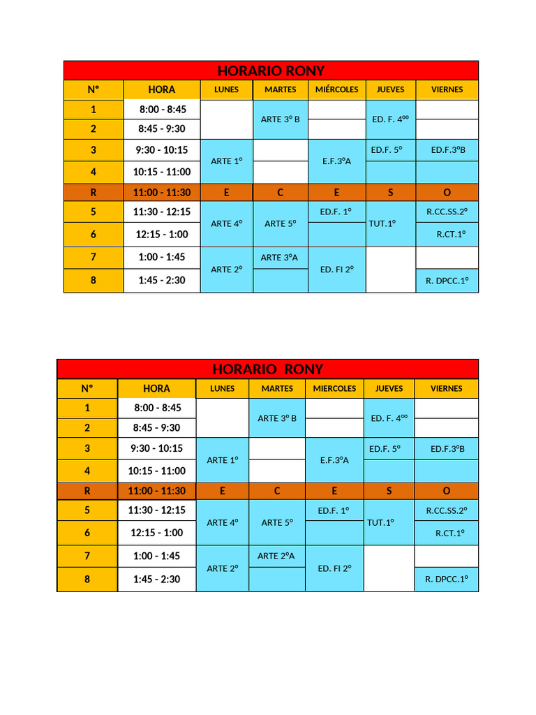 Horario Semanal Rony - Clases y Materias | PDF