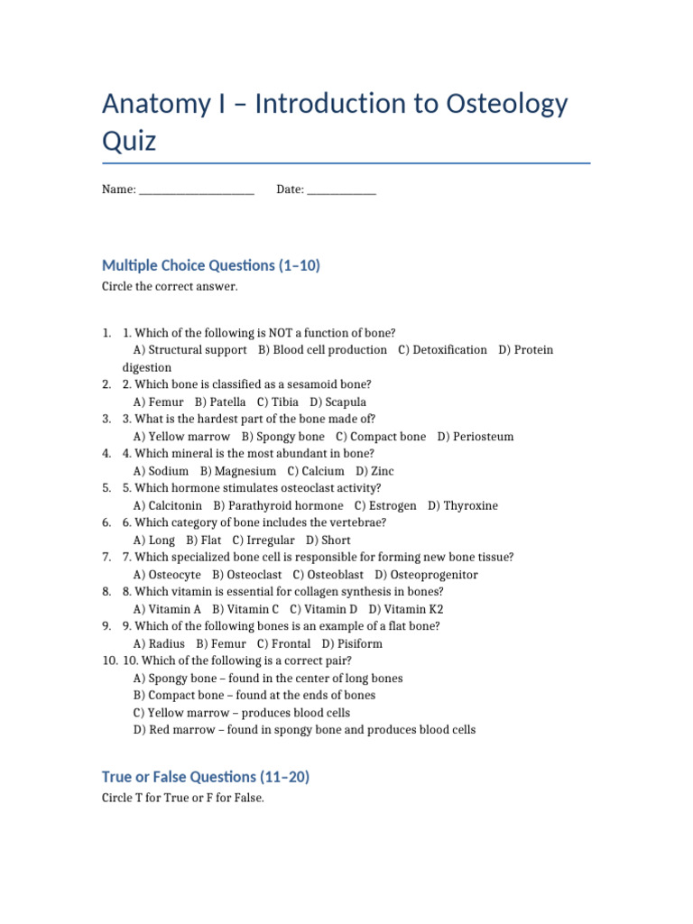 Osteology Quiz: Anatomy I Essentials | PDF