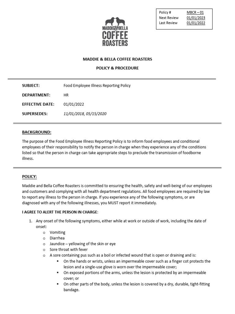 Food Employee Illness Reporting Policy v4.0 | PDF | Health Sciences ...