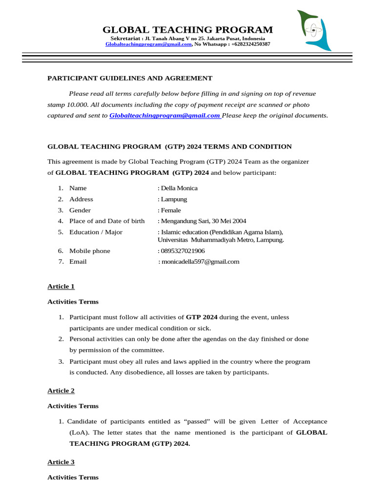 Agreement Letter Fully Funded GTP 2024 Docx (1) | PDF