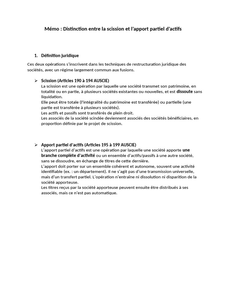 Scission vs Apport Partiel d'Actifs | PDF | Économie d'entreprise ...