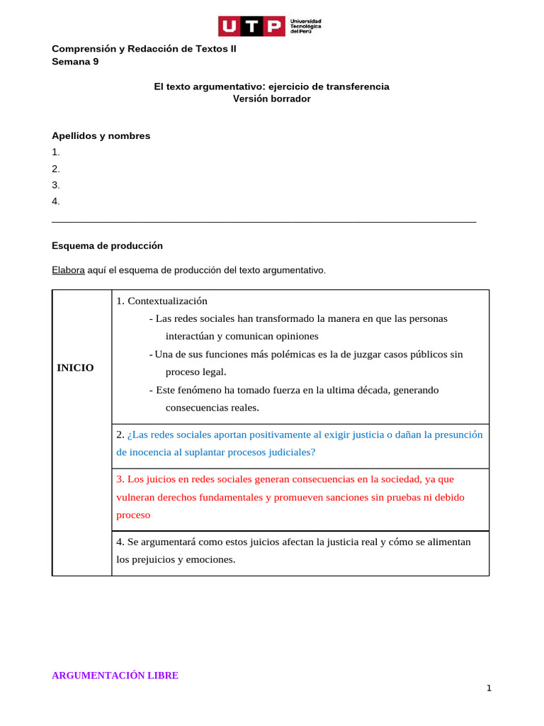Formato Tarea Semana 9 - Texto Argumentativo - Ejercicio de Transferencia - Borrador (1 ...