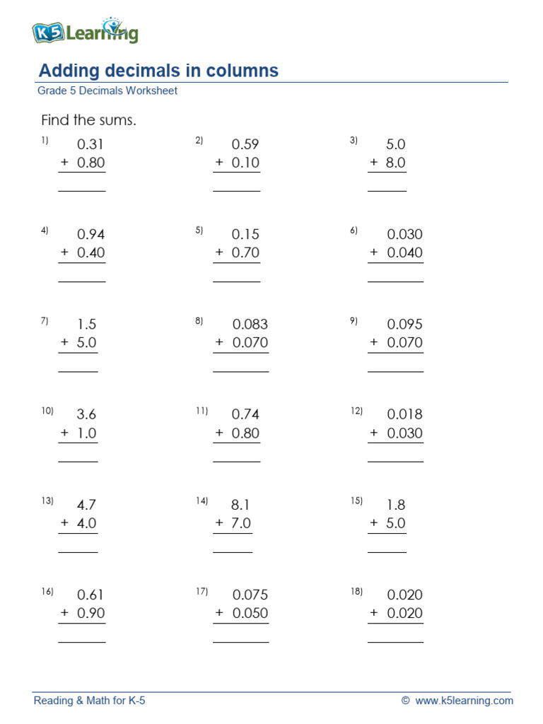 Grade 5 Adding Decimals in Columns 3 Digit B | PDF