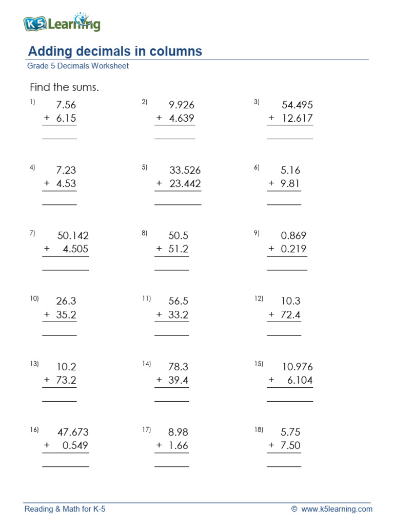 Grade 5 Adding Decimals in Columns 3 Digit C | PDF