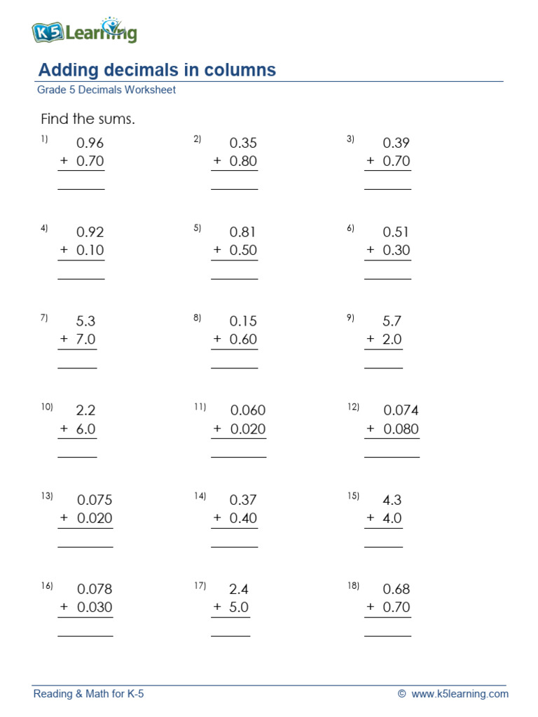 Grade 5 Adding Decimals in Columns 3 Digit A | PDF