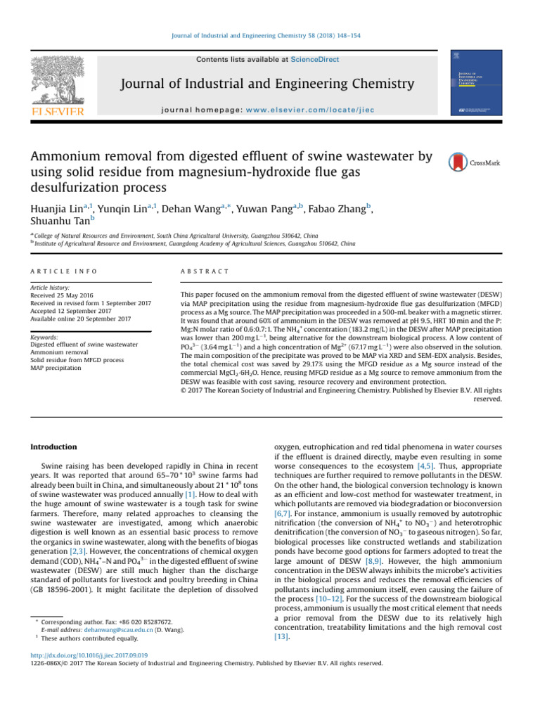 Ammonium Removal From Digested Effluent of Swine Wastewater by | PDF | Magnesium | Ammonium