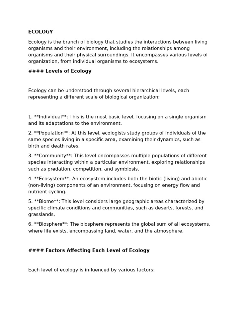 Understanding Ecology: Levels and Factors | PDF | Ecology | Ecosystem