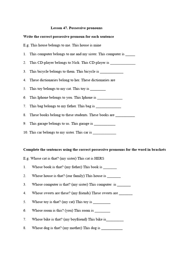 Lesson 47. Possessive Pronouns Mine Yours His Hers Whose | PDF ...