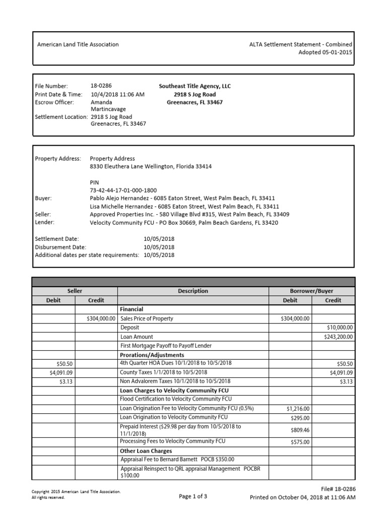 18-0286 - ALTA Combined Settlement Statement | PDF | Title Insurance | Internal Revenue Service