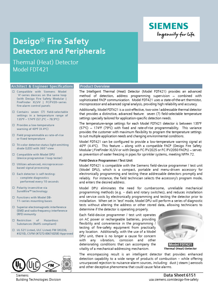 FDT421 Intelligent Addressable Thermal Heat Fire Detector Data Sheet ...