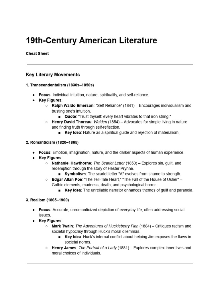 Literature 174 Cheat Sheet.pdf | PDF | Walden | Transcendentalism