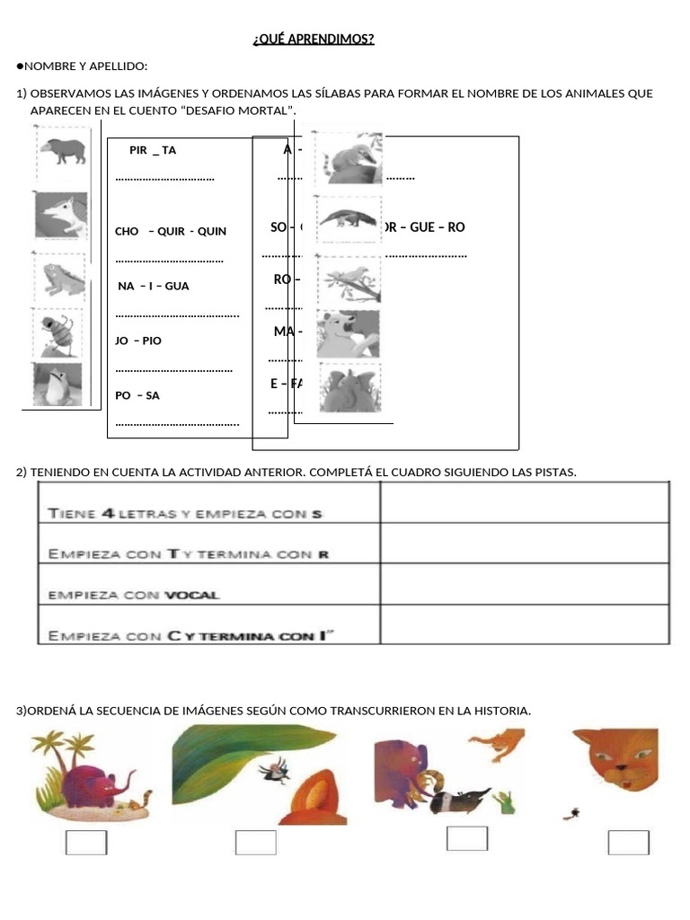 Actividades de Sílabas y Secuencias Animales | PDF