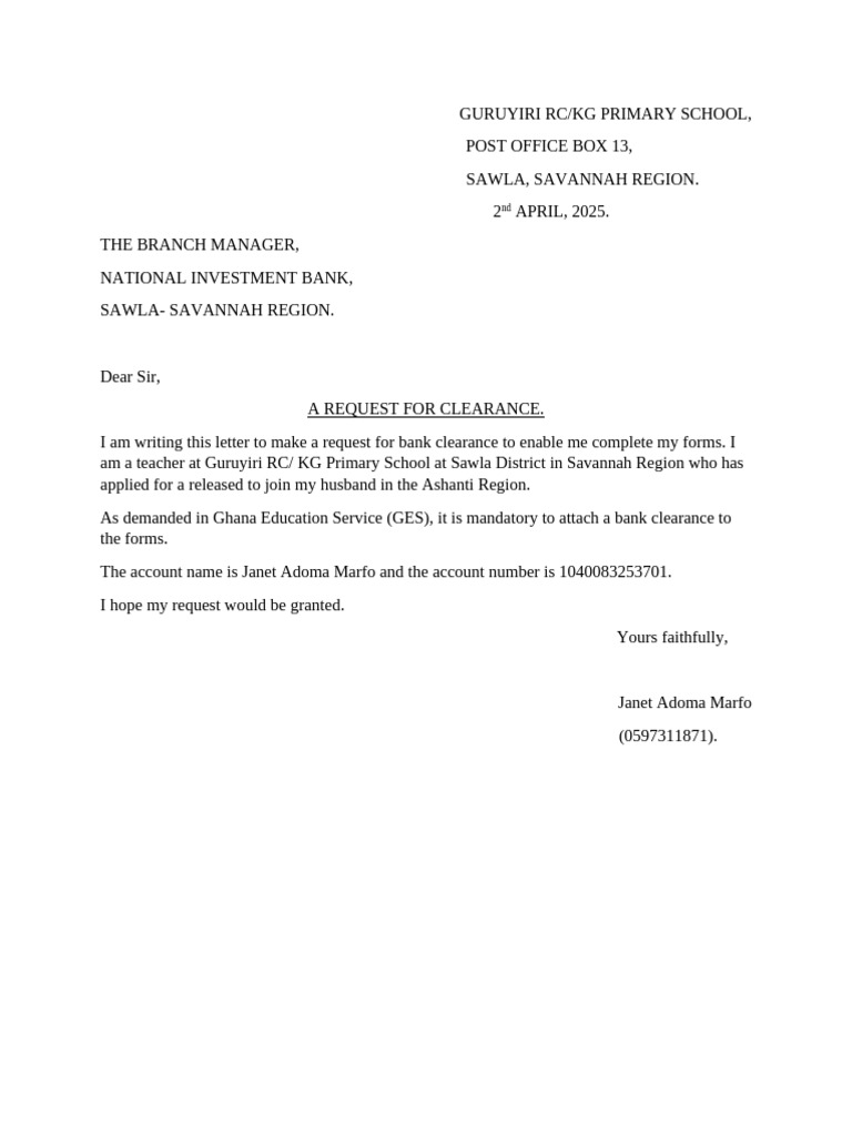 Request for Bank Clearance Letter | PDF