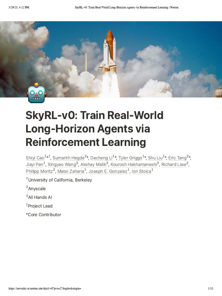 SkyRL-V0 - Train Real-World Long-Horizon Agents Via Reinforcement Learning - Notion | PDF ...
