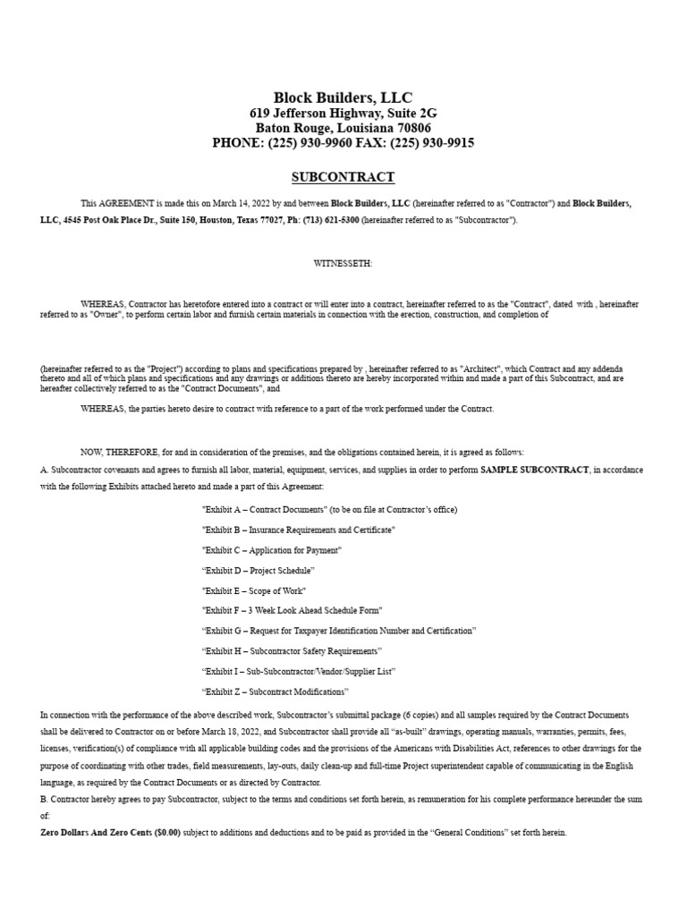 Sample Subcontract With Sample COI | PDF | Indemnity | General Contractor