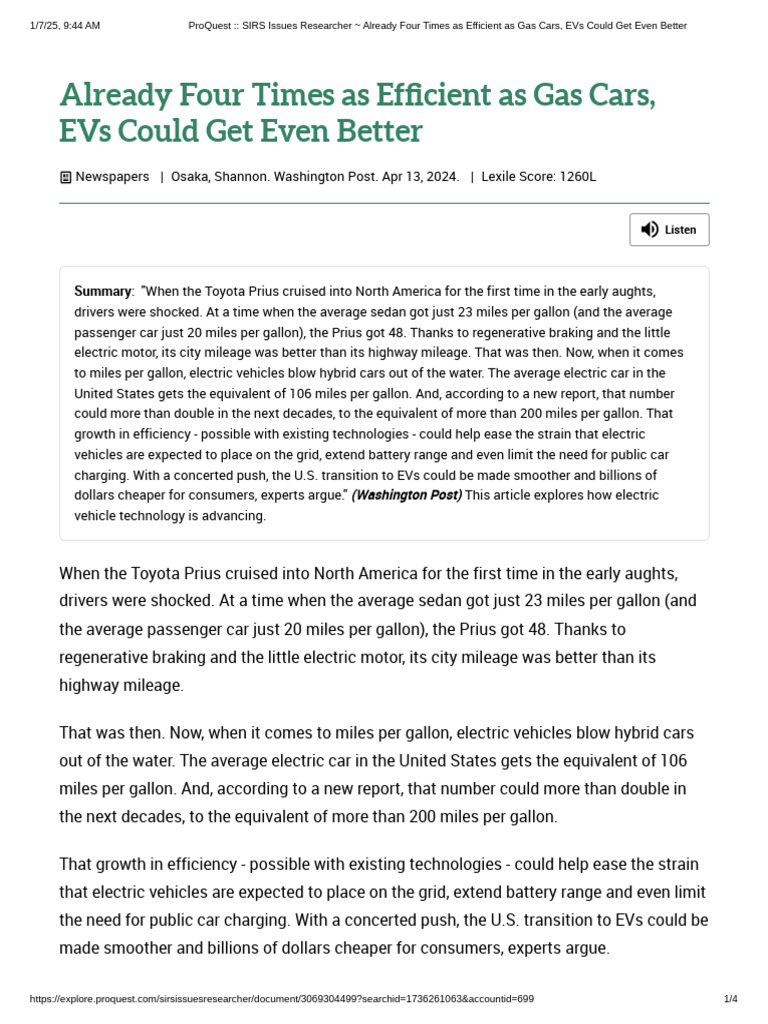 English 9th Grade Research | PDF | Electric Vehicle | Fuel Economy In ...