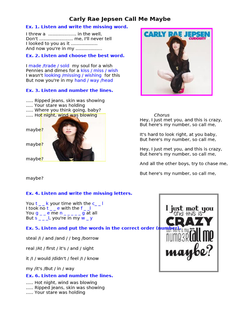 Call Me Maybe Lyrics Activity | PDF