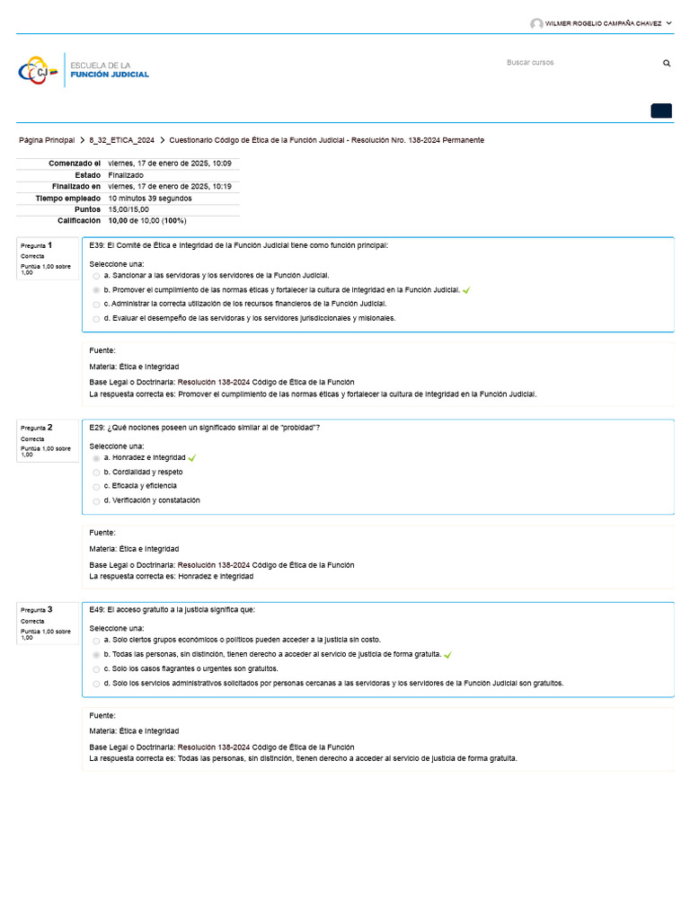 Cuestionario Código de Ética de la Función Judicial - Resolución Nro. 138-2024 Permanente | PDF ...