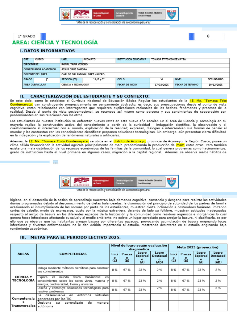 Programación Anual - Cyt 1° | PDF | Aprendizaje | Evaluación