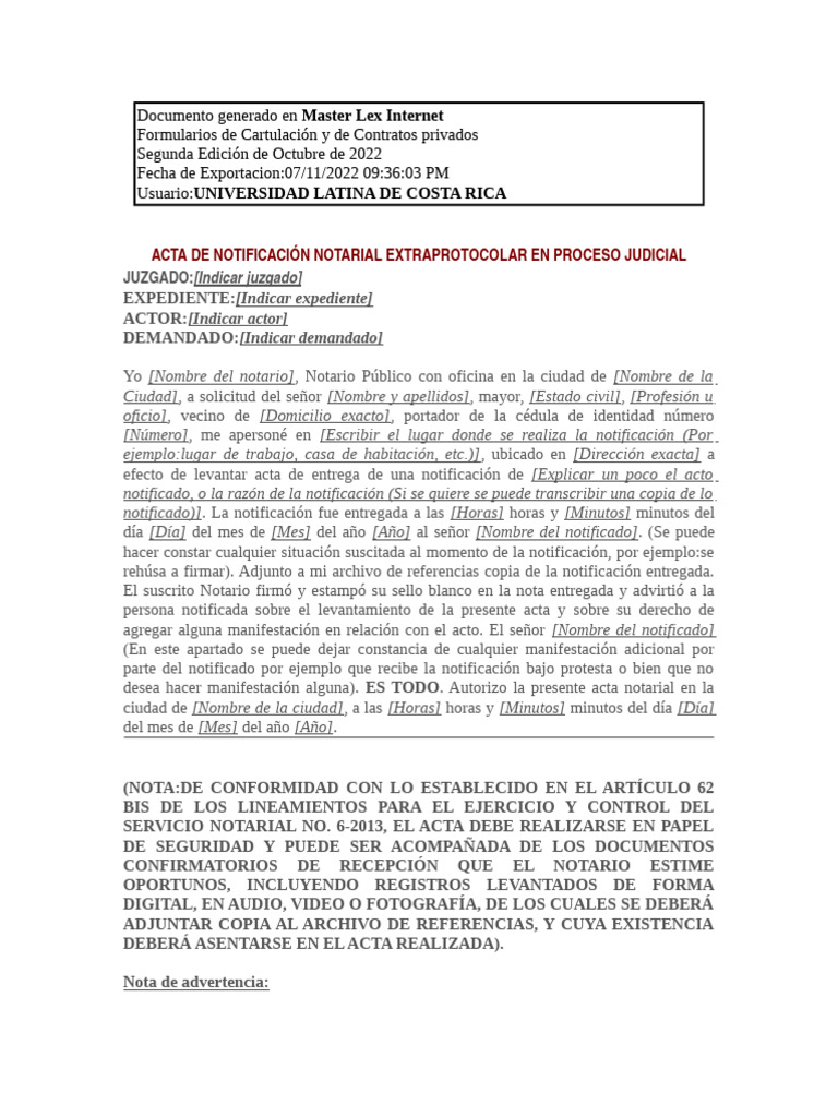 Acta de Notificación Notarial Extraprotocolar en Proceso Judicial | PDF