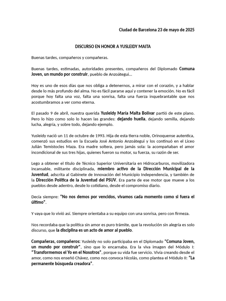 DISCURSO EN HONOR A Yusleidy | PDF | Amor