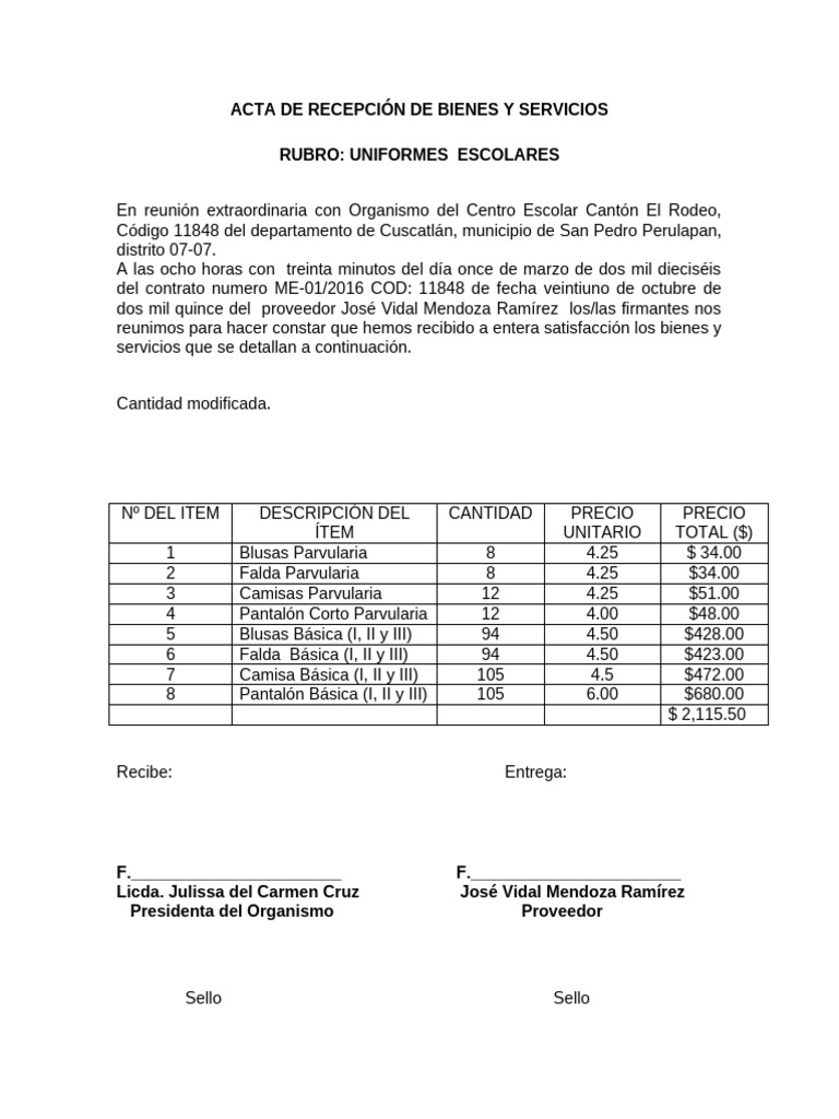 Acta De Recepcion De Bienes