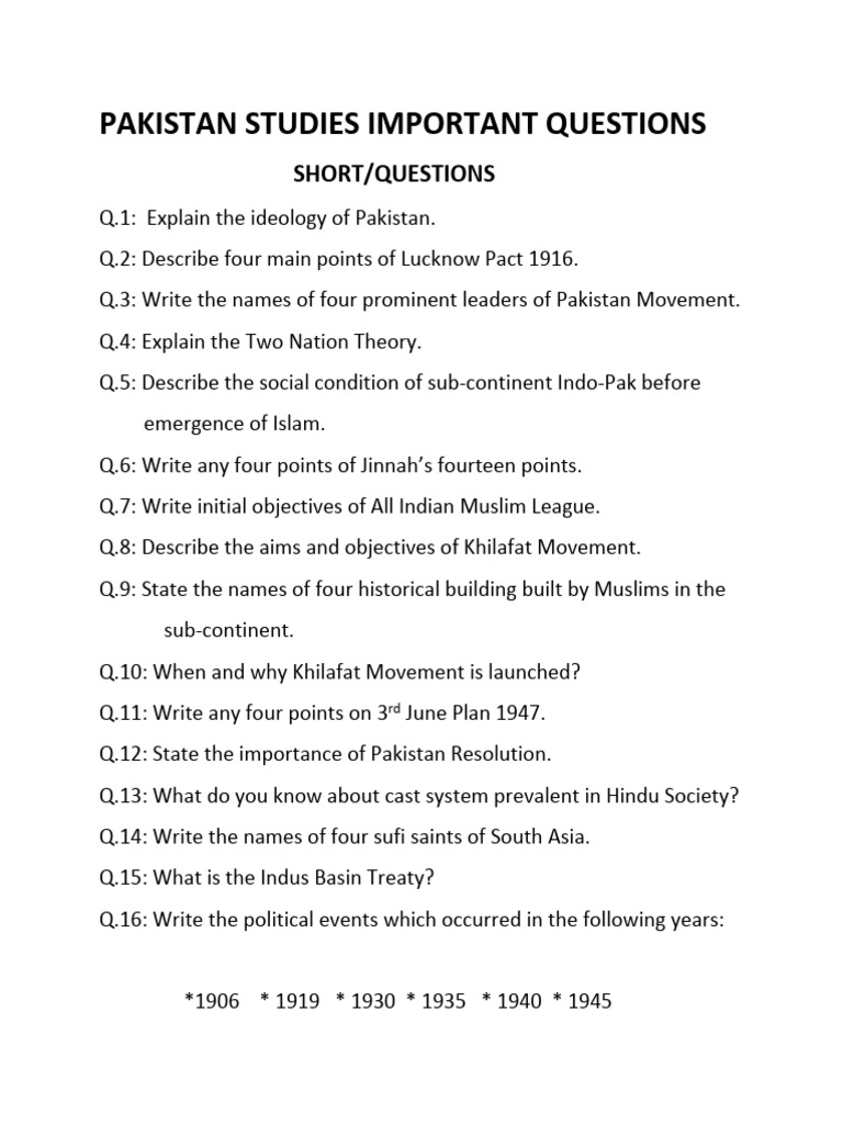 Key Questions on Pakistan Studies | PDF | Pakistan | Two Nation Theory