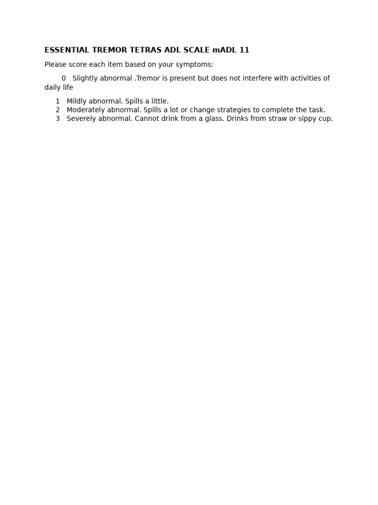 Essential Tremor Tetras Adl Scale Madl 11 Total 33 | PDF