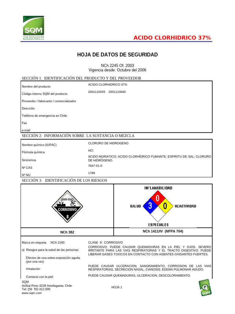HCL 37% | PDF | Ácido clorhídrico | Agua