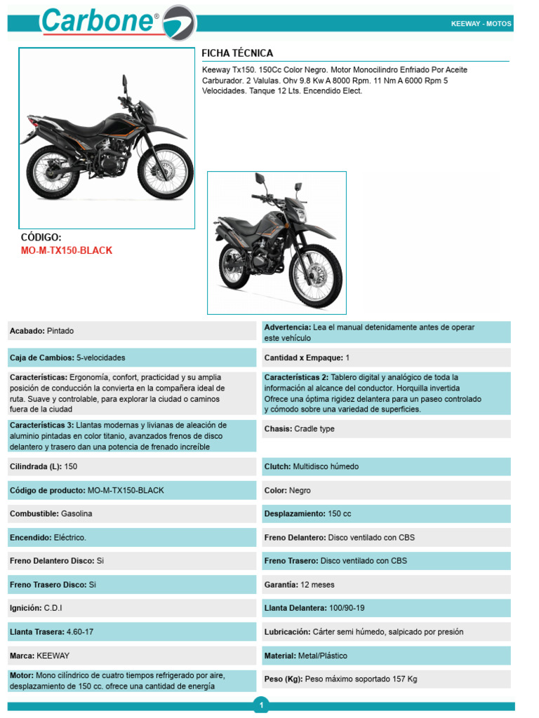 Keeway TX150: Ficha Técnica y Especificaciones | PDF | Motocicleta | Coche