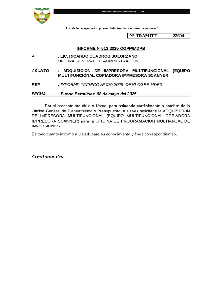 Informe N°513-2025-Adquisicion de Impresora Multifuncional | PDF