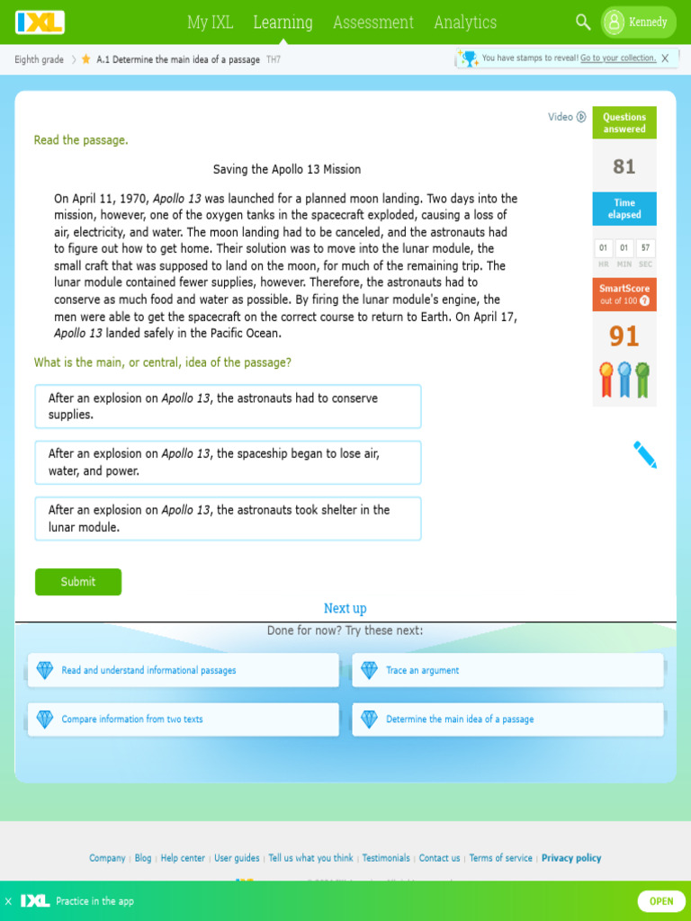 IXL Determine The Main Idea of A Passage 8th Grade Language Arts | PDF ...